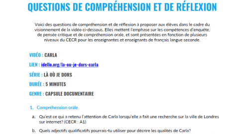 Compréhension et réflexion : questions sur la vidéo Carla de la série ...