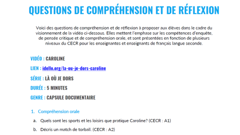 Compréhension et réflexion : questions sur la vidéo Caroline de la ...